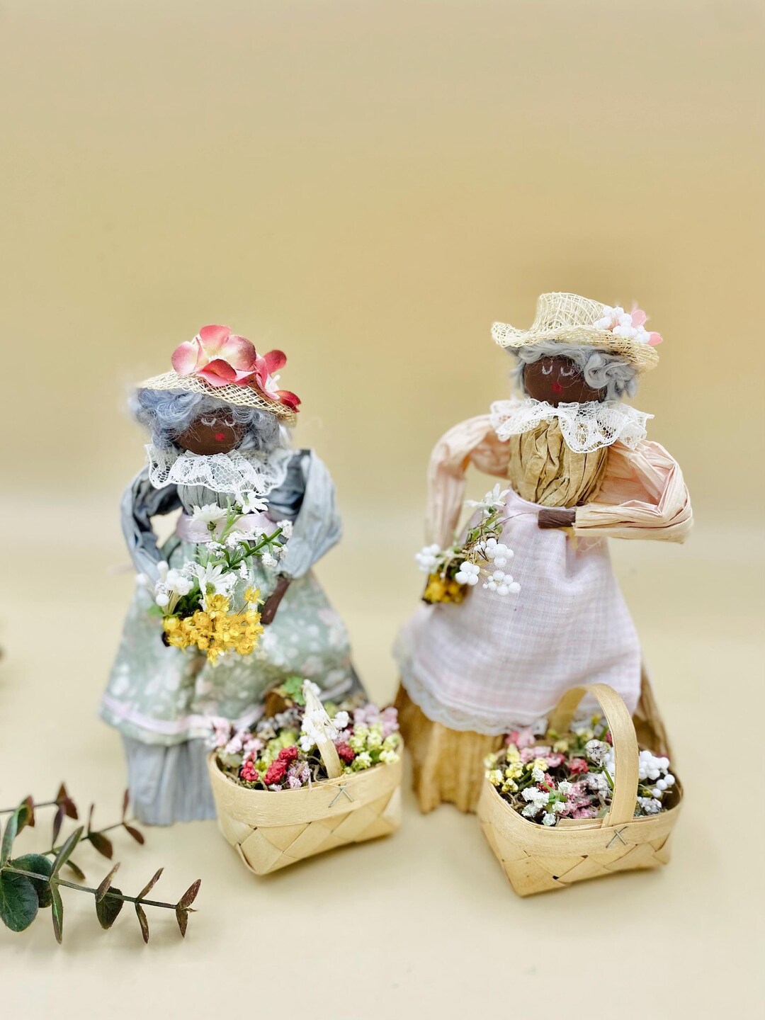 2 Vintage Husk Dolls, African American Gray Haired Grandma Lady Dolls ...