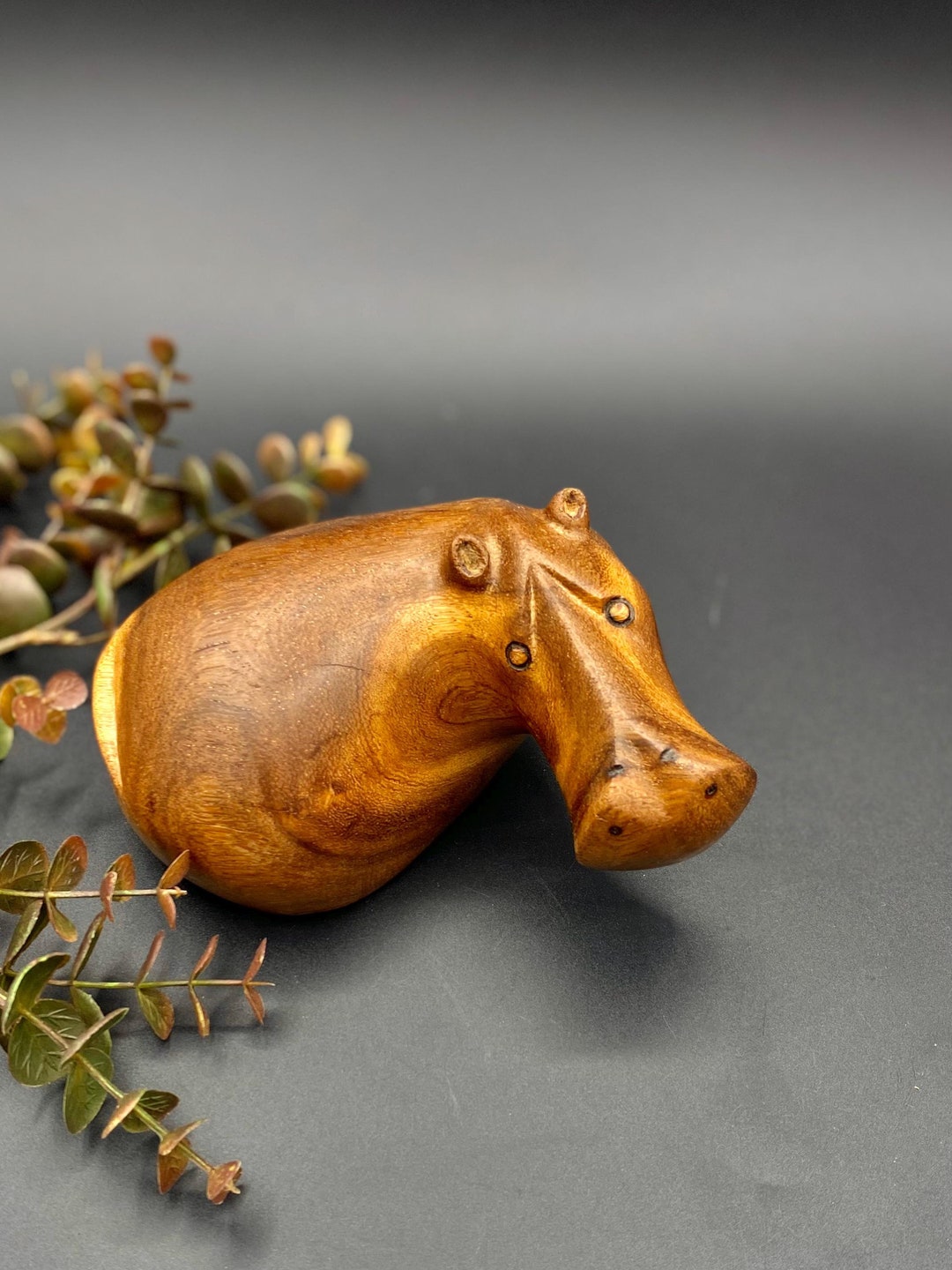 Vintage Wooden Hippo Sculpture, Hand Carved Hippopotamus Natural Home ...