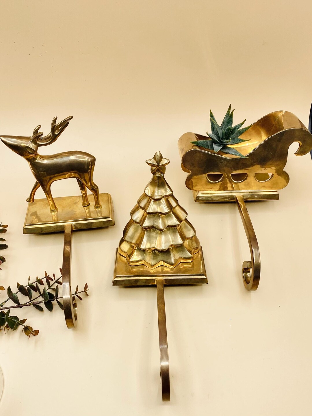 Brass Long Arm Stocking Holders, Reindeer, Sleigh, Christmas Tree Heavy ...