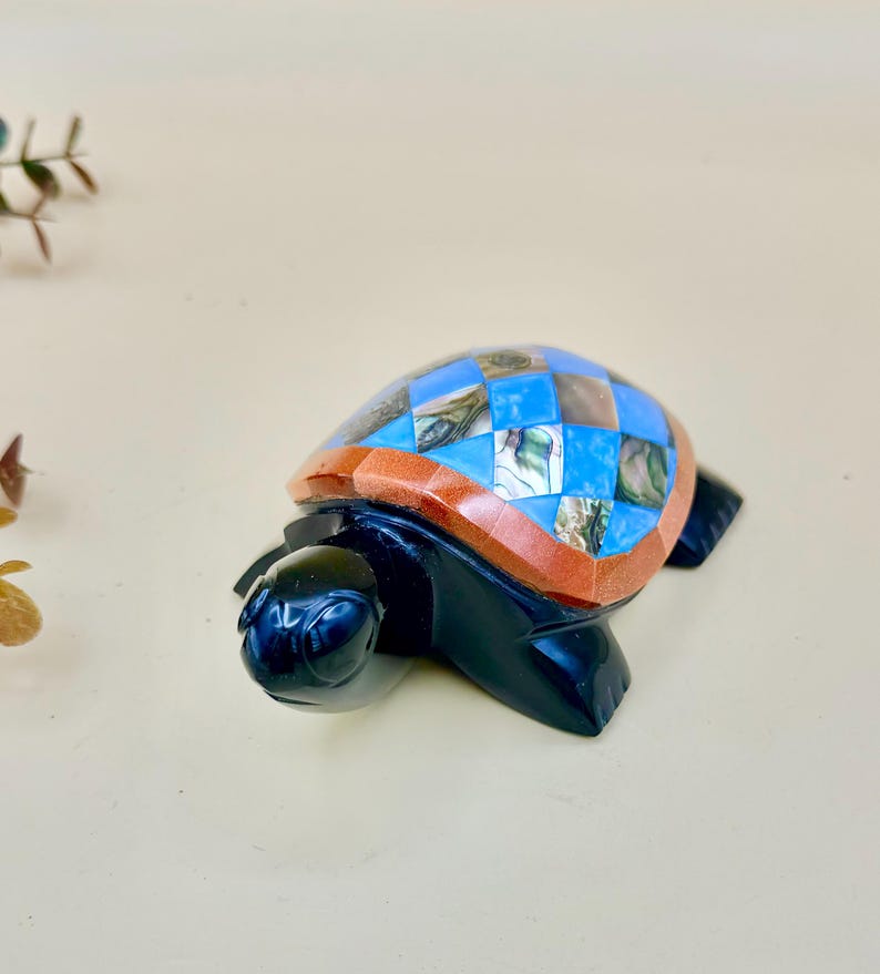 Hand Carved Black Obsidian Tortoise Figurine, Turquoise and Mother of ...
