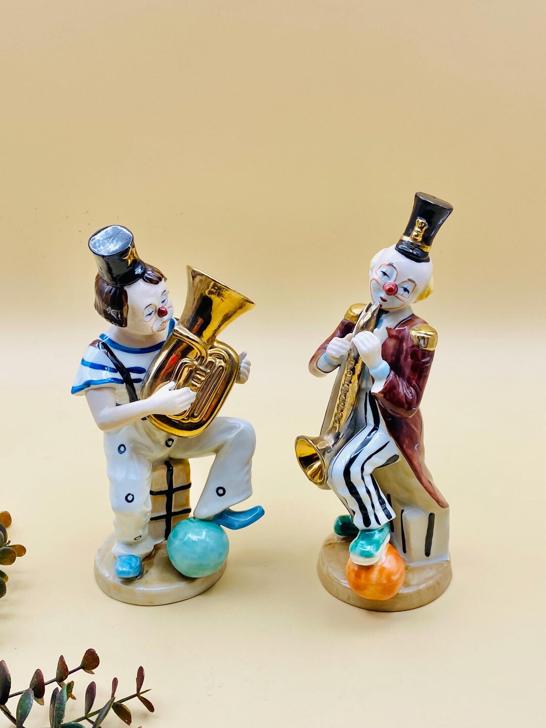 Clown Tuba Saxophone Players, Two Vintage Porcelain Clown Musicians ...