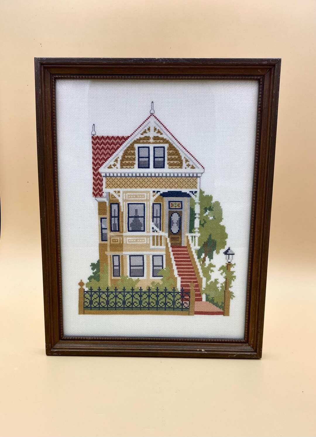 Vintage Yellow House Embroidered Art, Framed Needlepoint Victorian ...