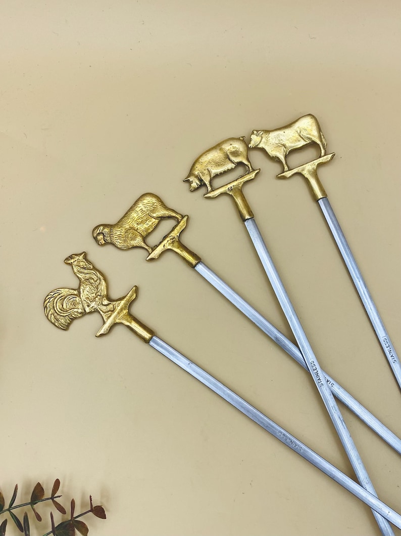 4 Brass Barn Animal Skewers, Mid Century Modern Turkish Collectible ...