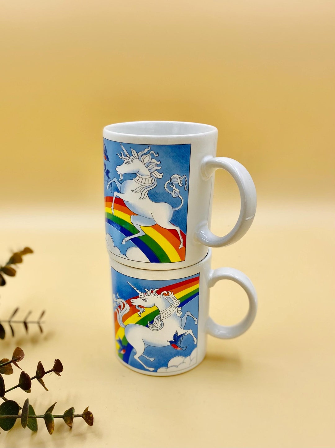 2 Rainbow Unicorn Vintage Mugs, Retro Japan Made Pegasus Tea Cups, Set of 2, Small Ceramic ...