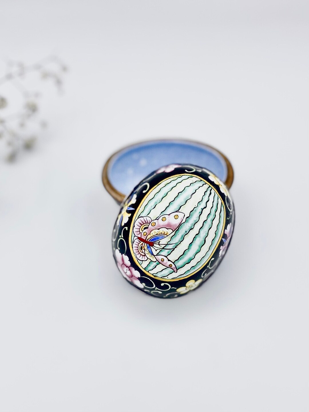 Vintage Chinese Cloisonne Box Oval Hand Painted Enamel Trinket Box ...