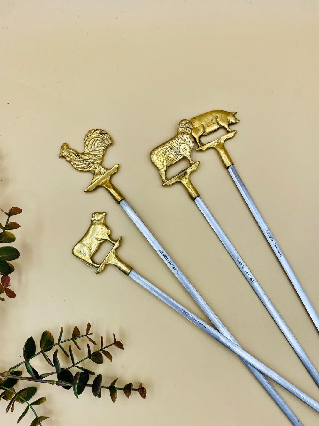 4 Brass Barn Animal Skewers, Mid Century Modern Turkish Collectible ...