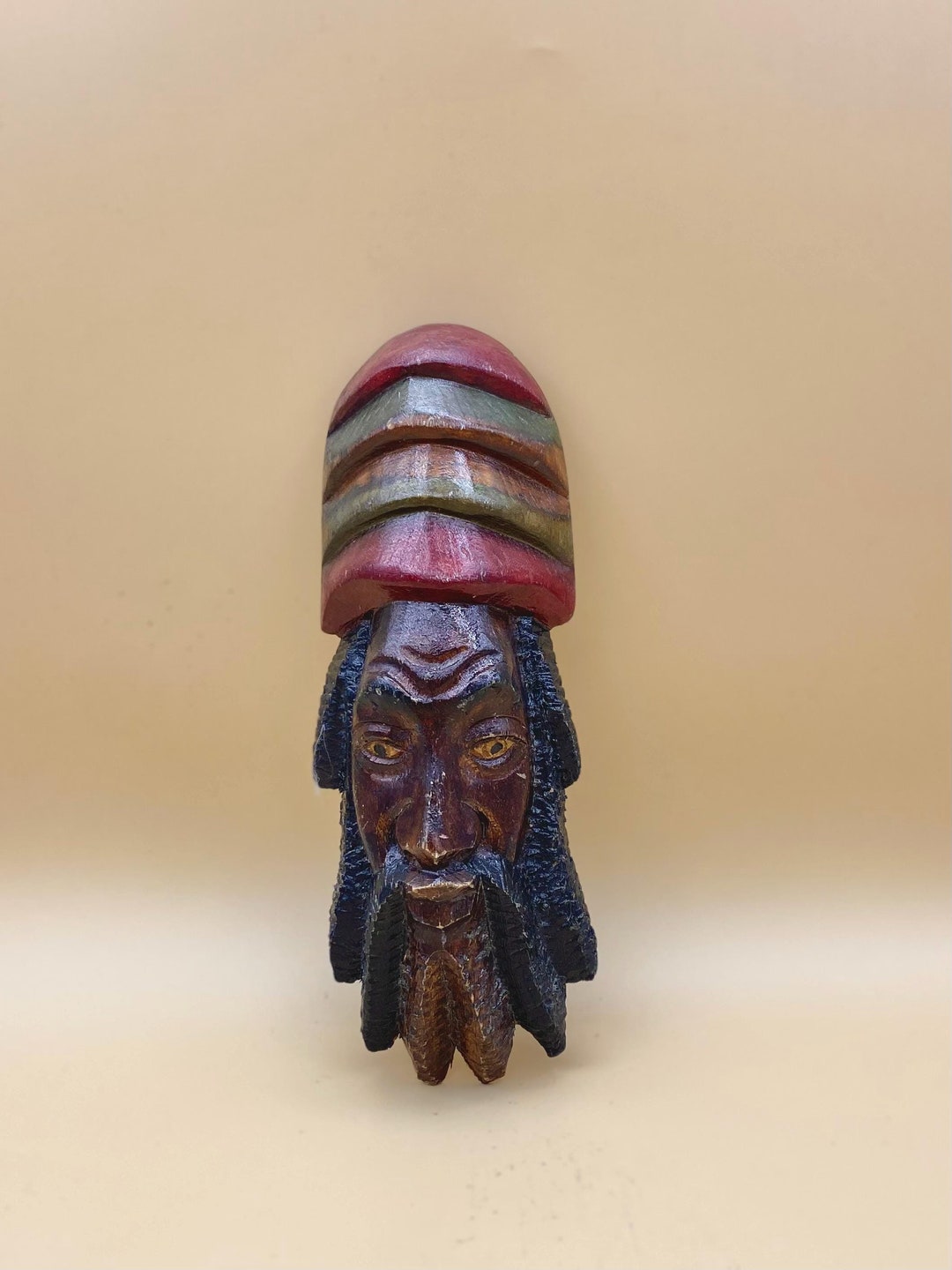 Vintage Hand Carved Wood Jamaican Rasta Hat Man Head Rastafarian Wall ...