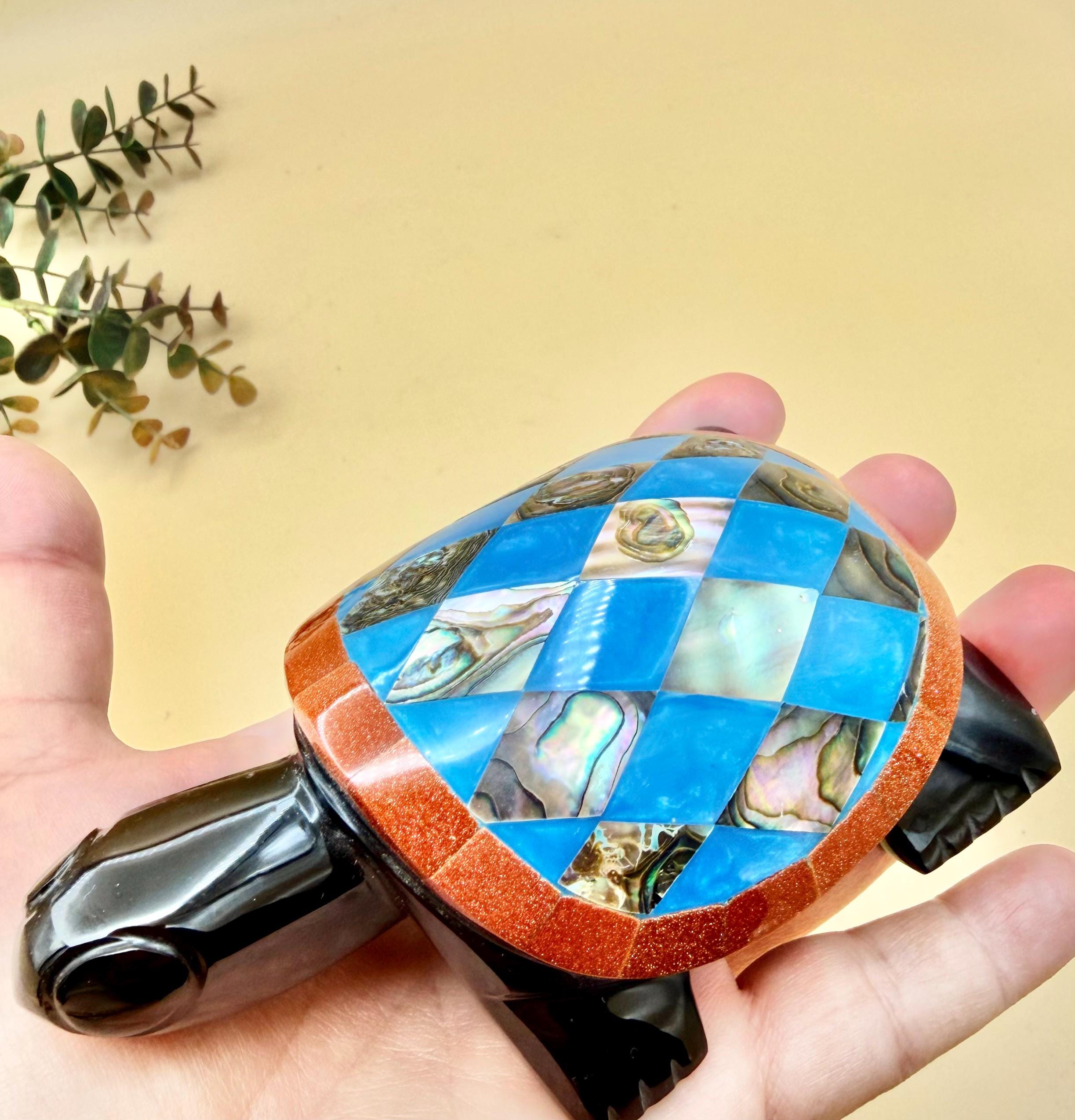 Hand Carved Black Obsidian Tortoise Figurine, Turquoise and Mother of ...