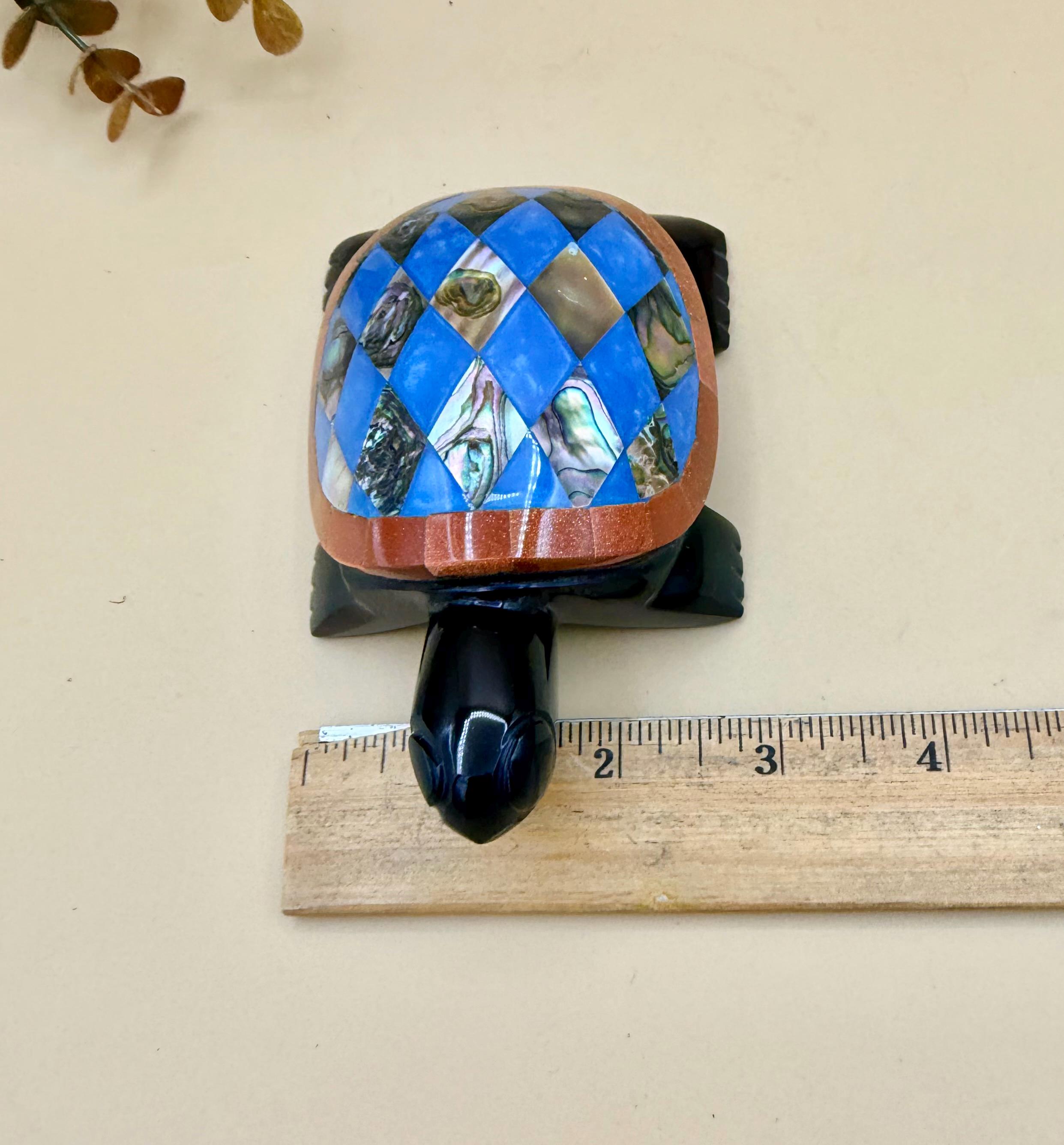 Hand Carved Black Obsidian Tortoise Figurine, Turquoise and Mother of ...