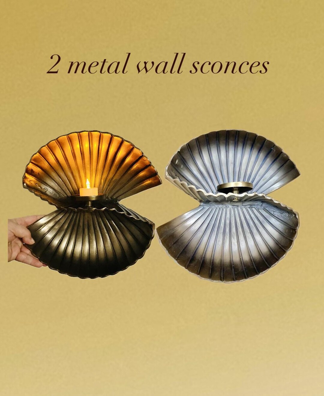 2 Large Metal Clam Shell Wall Sconces for Tealight Candles, Pair of ...