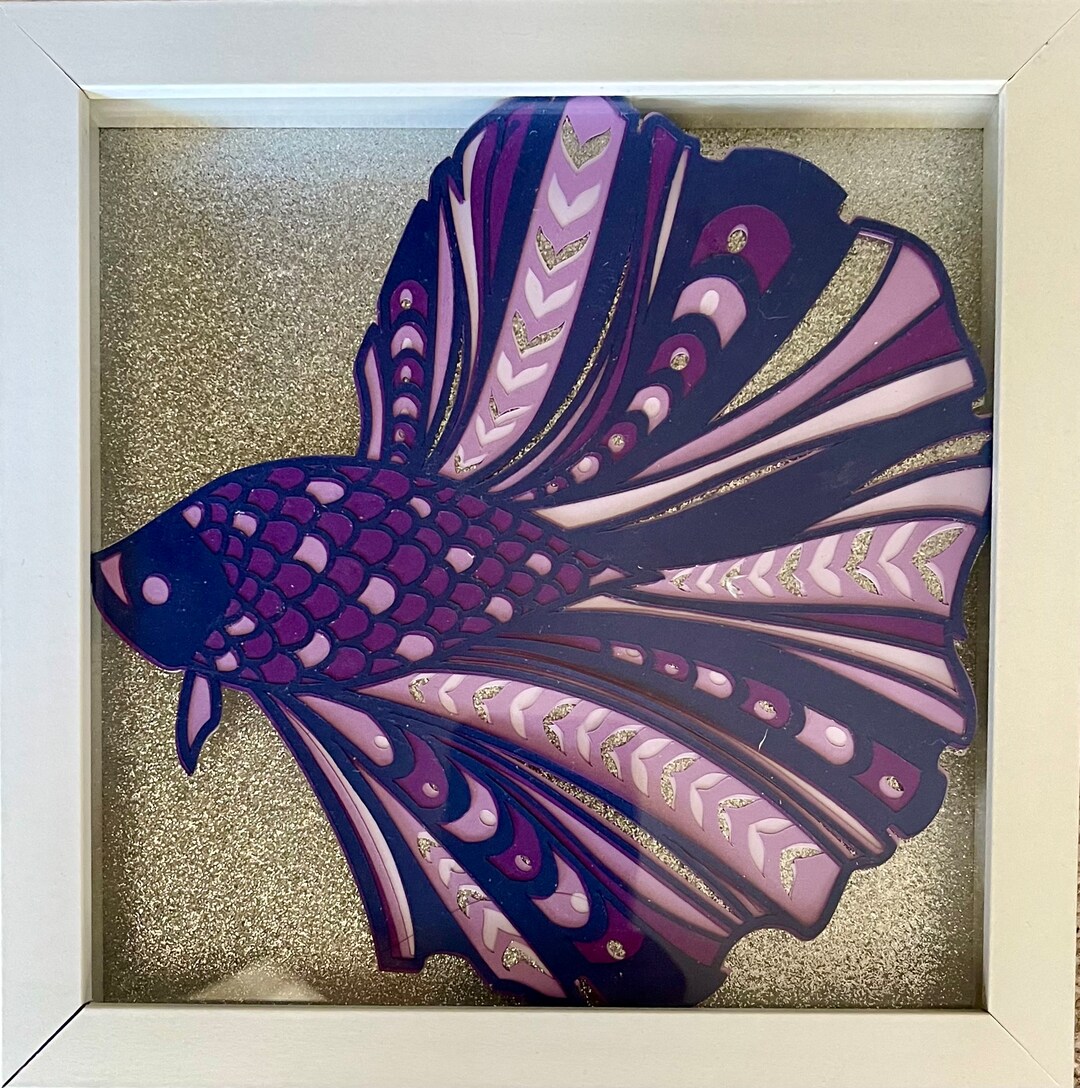 Mixed Media Beta/goldfish Mosaic in 8" X 8" Frame With Hanger Attached ...