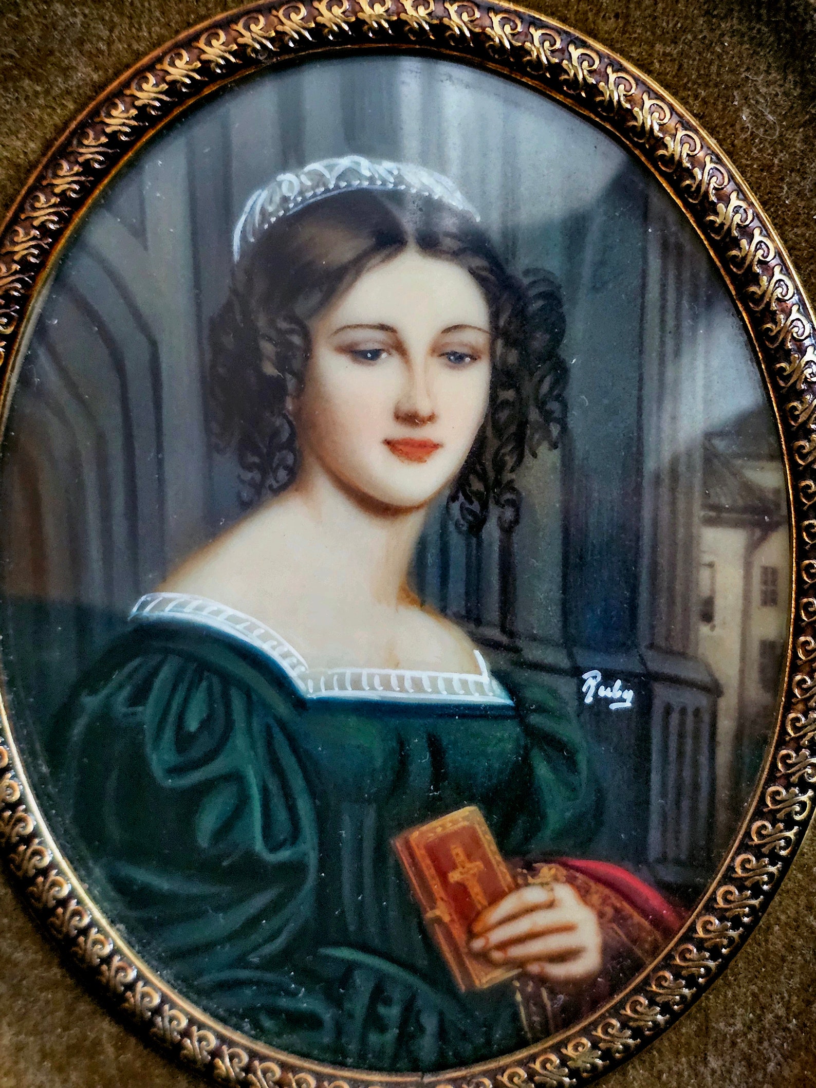 Antique Signed Ruby Minature Painting Portrait of "anna Hillmayer" With ...