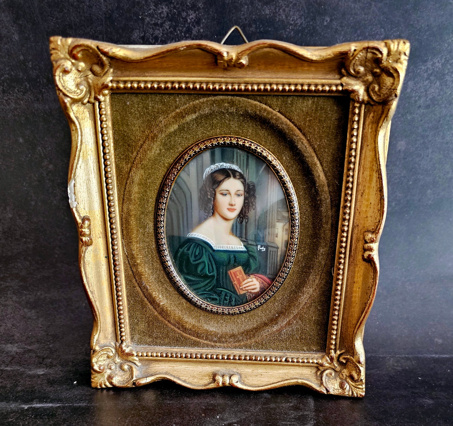Antique Signed Ruby Minature Painting Portrait of "anna Hillmayer" With ...