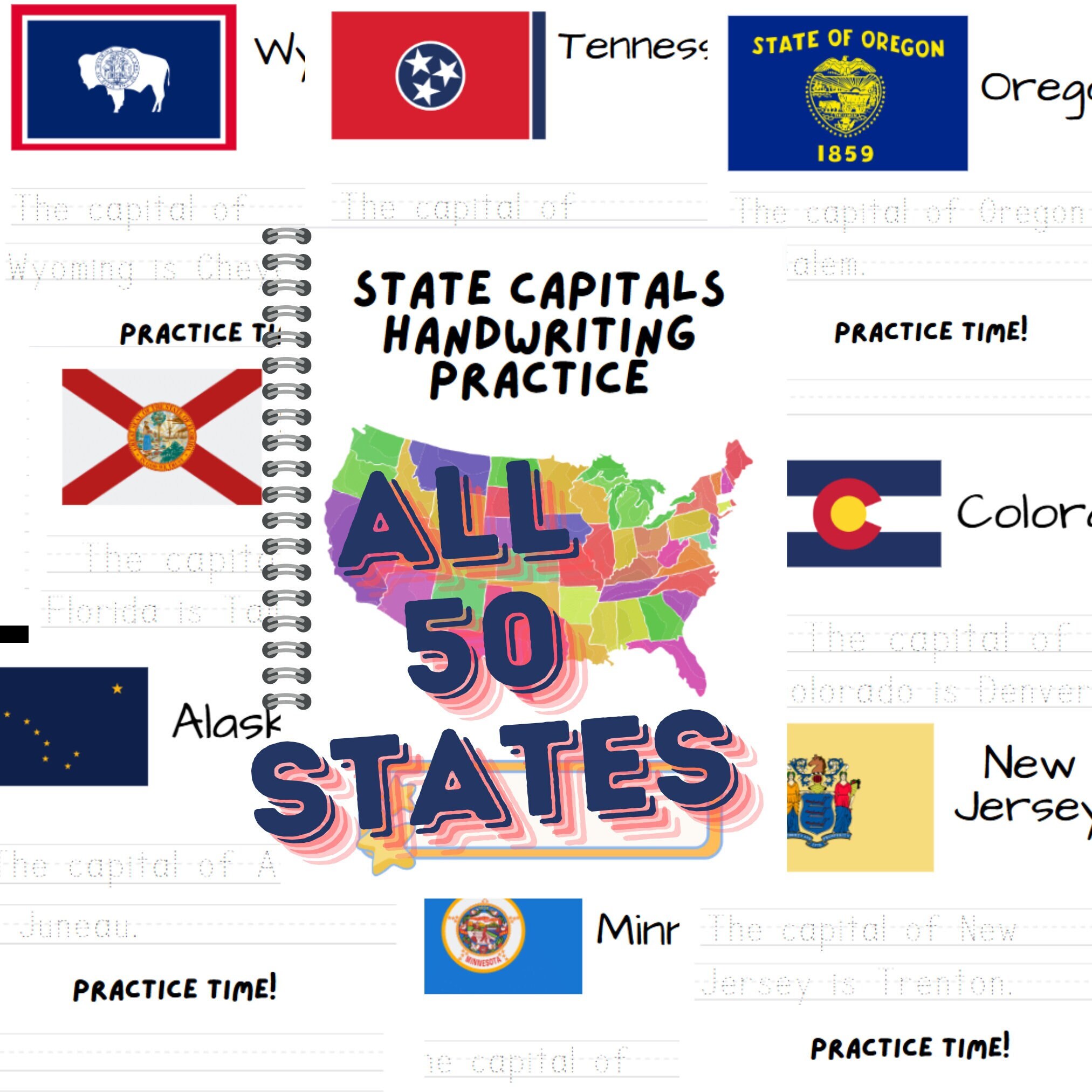 State Capital's Handwriting Practice With State Flag Pictures - Etsy