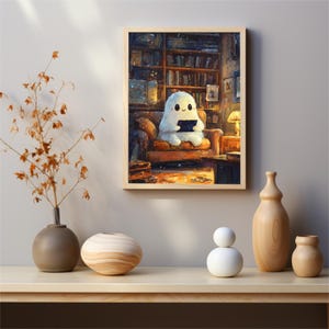 Cozy Ghost Reading in a Warm Library | Cute Halloween Digital Wall Art ...