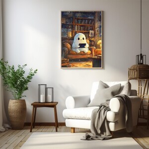 Cozy Ghost Reading in a Warm Library | Cute Halloween Digital Wall Art ...