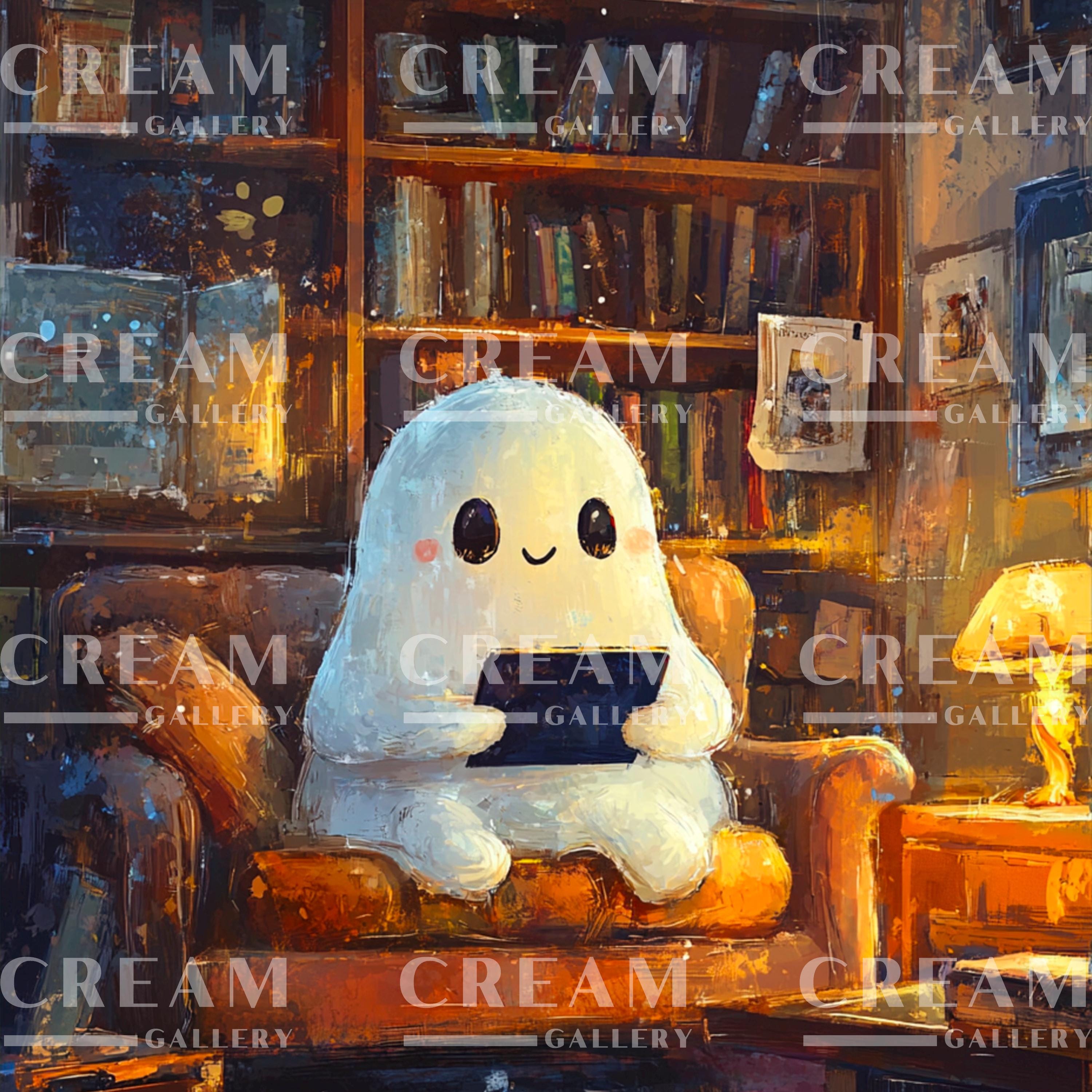Cozy Ghost Reading in a Warm Library | Cute Halloween Digital Wall Art ...