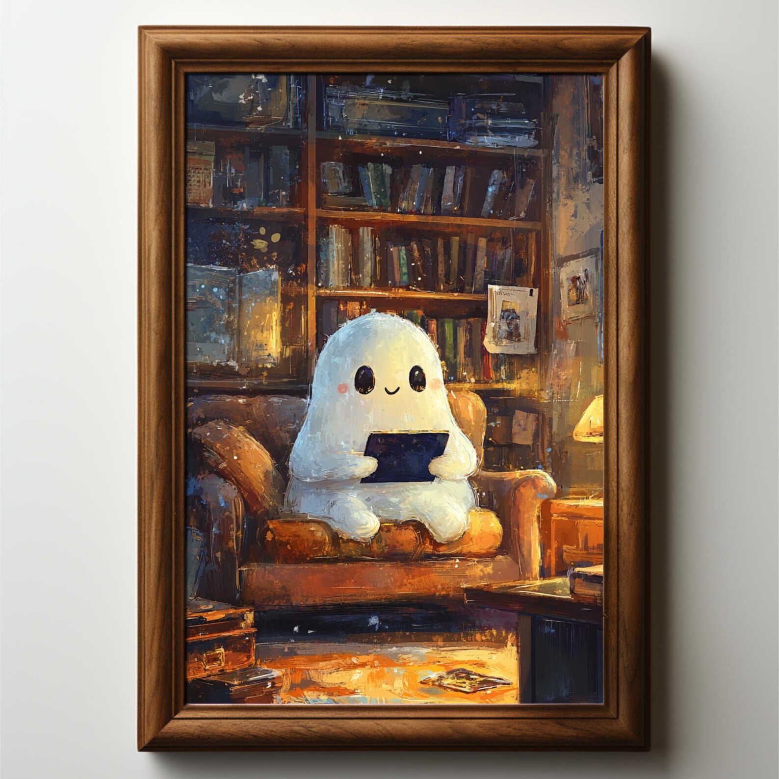Cozy Ghost Reading in a Warm Library | Cute Halloween Digital Wall Art ...