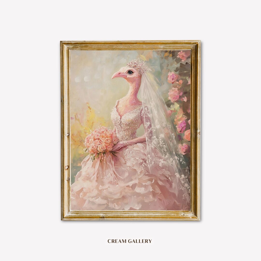 Vintage Oil Painting Bride in Pink Wedding Dress Wall Art Print ...