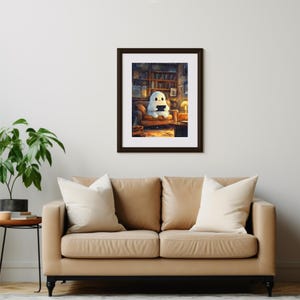 Cozy Ghost Reading in a Warm Library | Cute Halloween Digital Wall Art ...