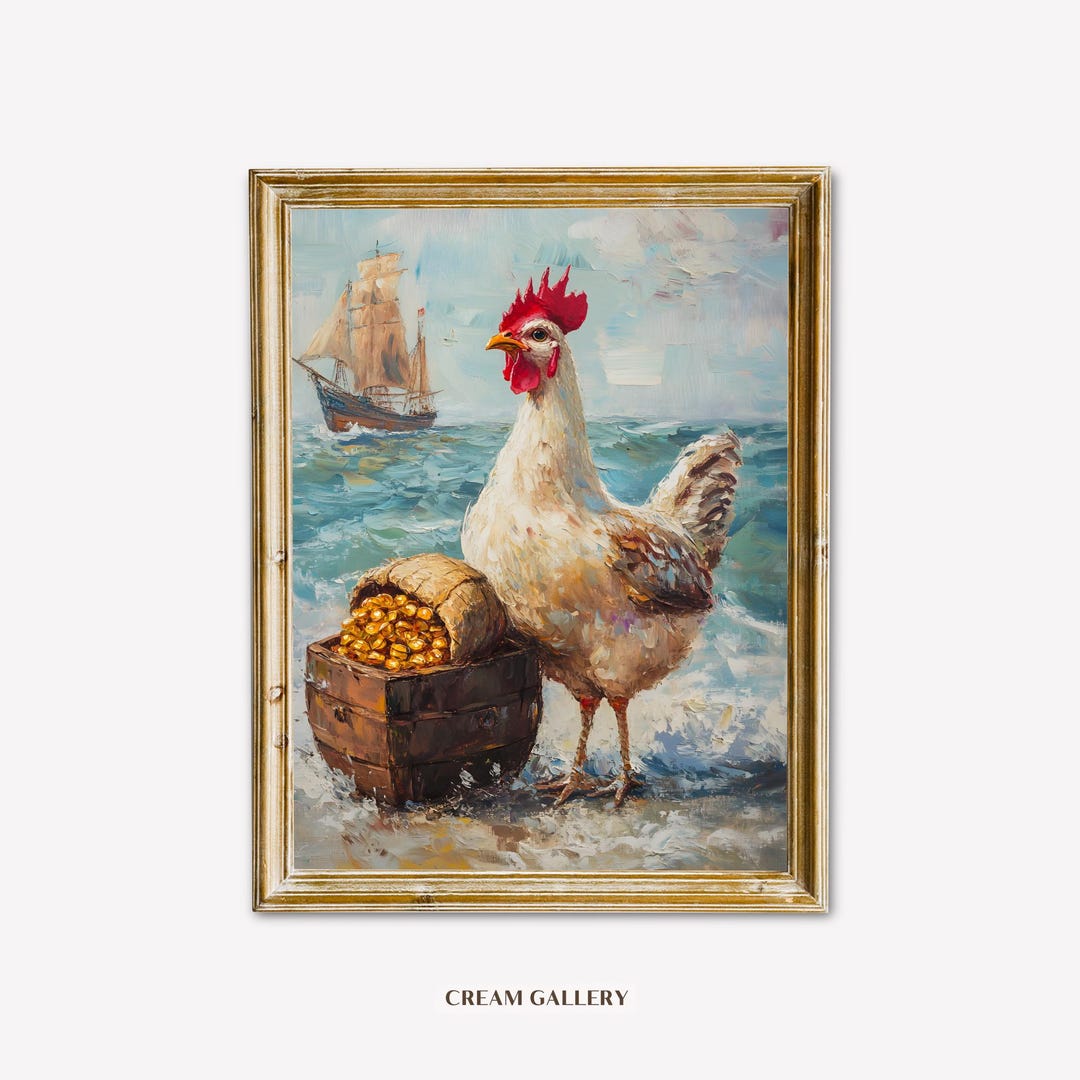 Vintage Pirate Rooster Painting, Nautical Chicken Wall Art, Funny ...