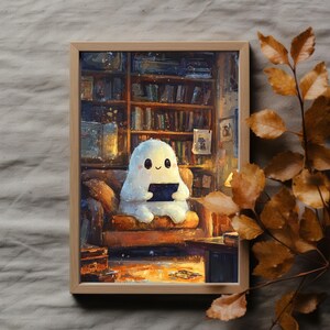 Cozy Ghost Reading in a Warm Library | Cute Halloween Digital Wall Art ...