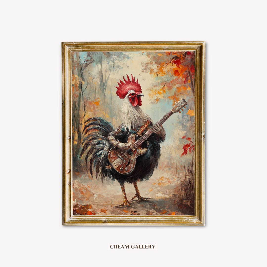 Vintage Oil Panting Rockstar Chicken Guitarist, Funny Rooster Wall Art ...