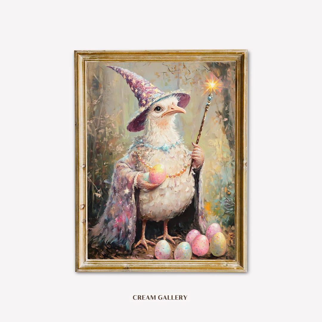Vintage Easter Egg Witch Wall Art, Whimsical Turkey Witch Oil Painting ...