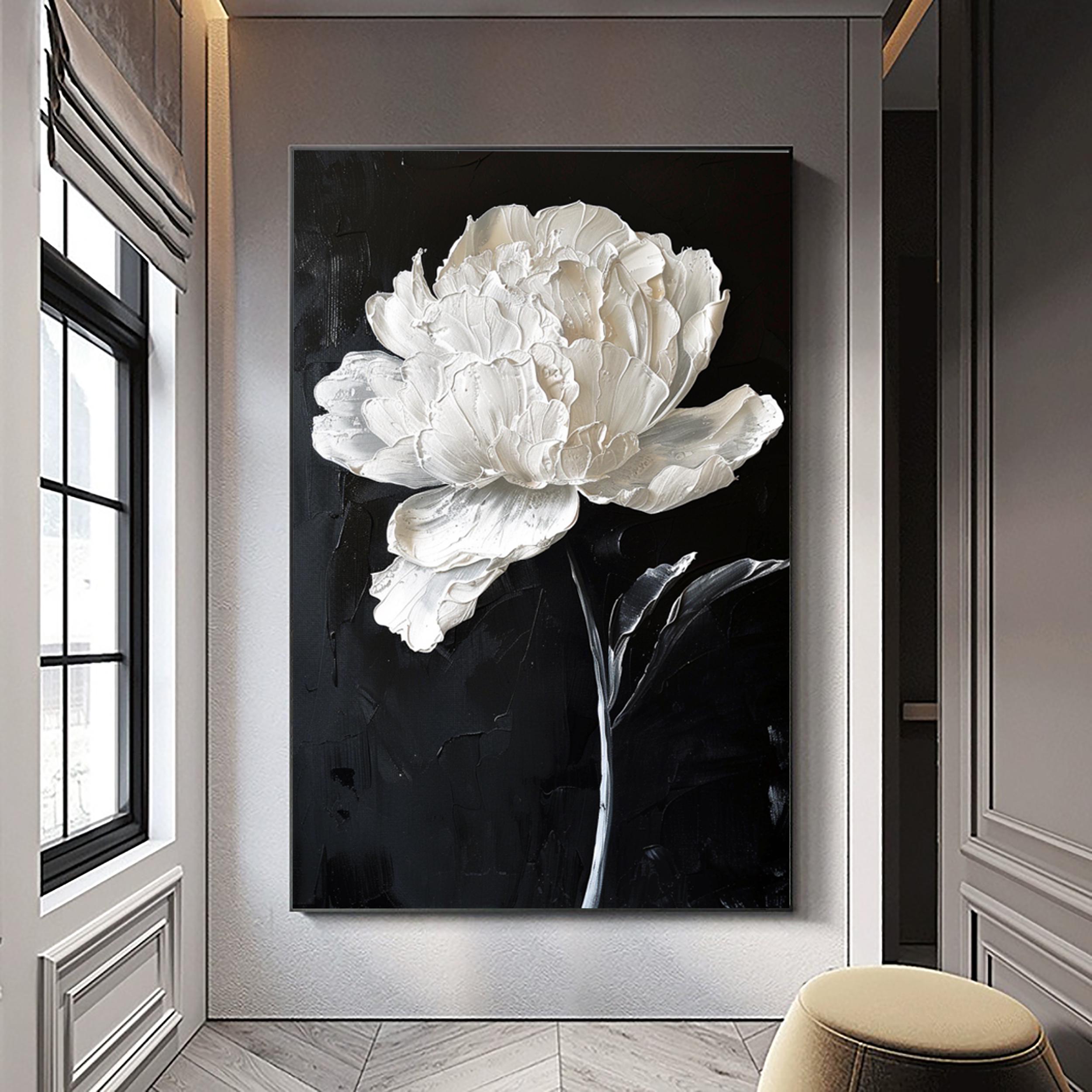 Original Minimalist Floral Black and White 3D Textured Canvas Painting ...
