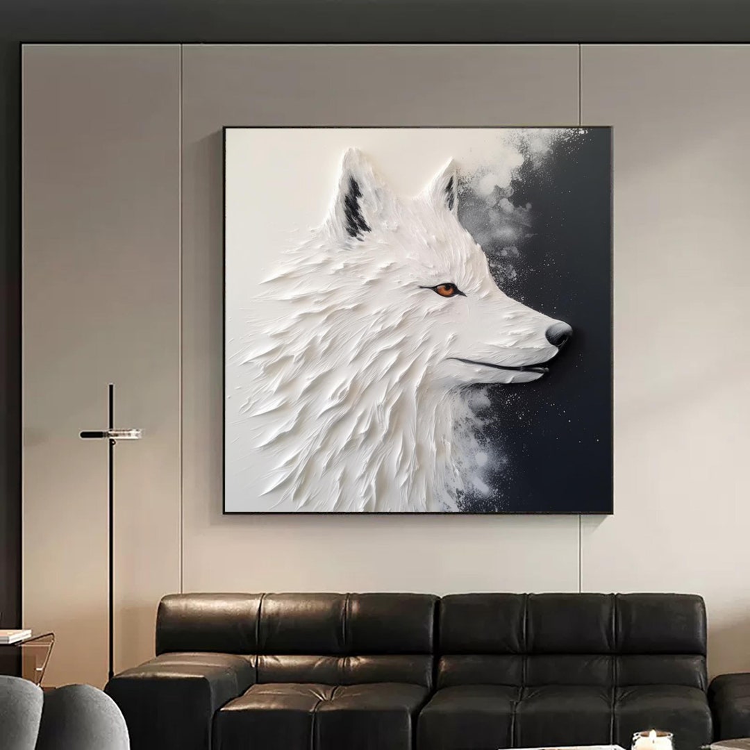 Original Black and White Fox Painting Canvas Wall Decor Hand Painted 3D ...