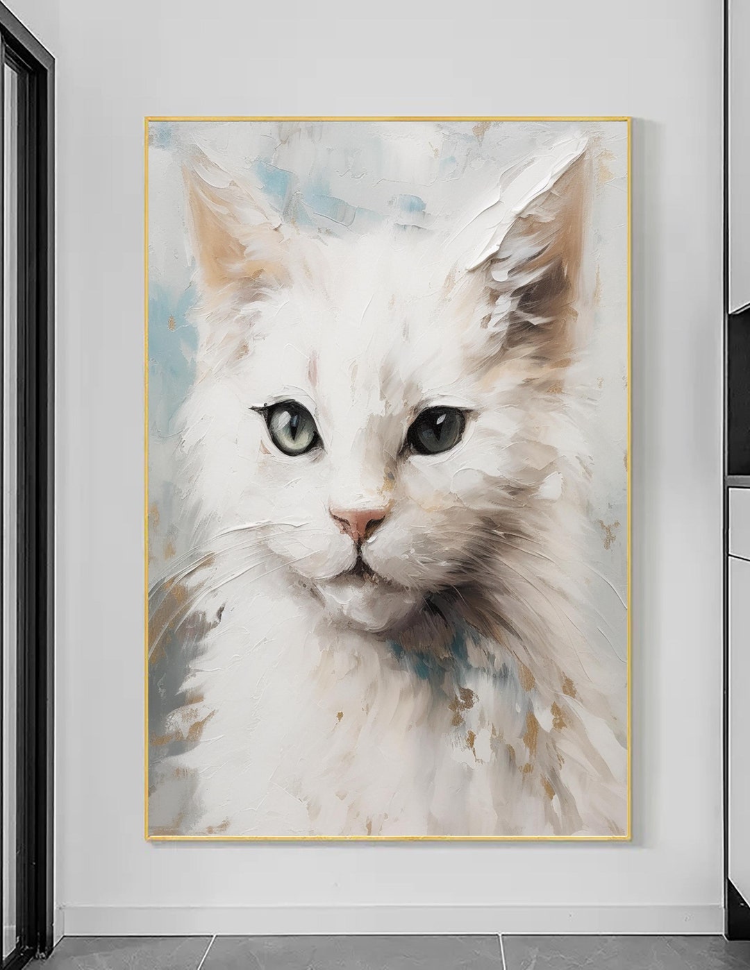 Vibrant White Cat Painting White Cat Portrait in Oil Elegant Vintage ...