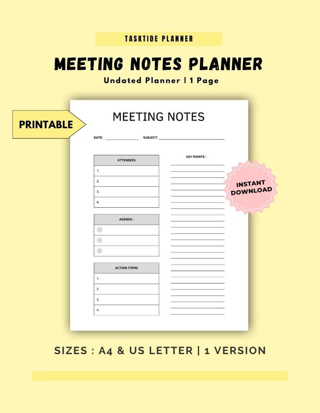 Printable Meeting Notes Planner, Simple Meeting Notes Printable ...