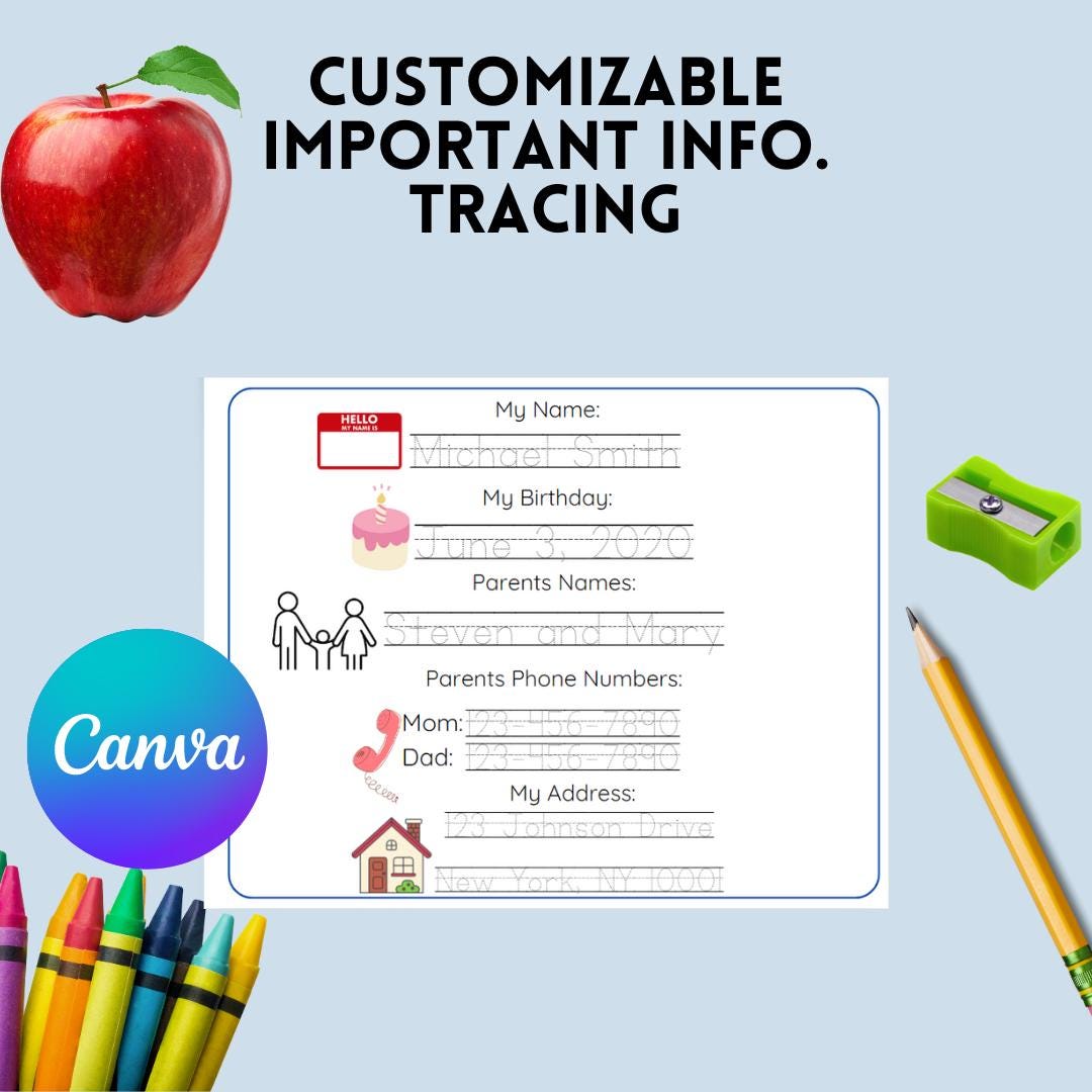 Editable Tracing Page for Kids | Name, Address, Parents' Names ...