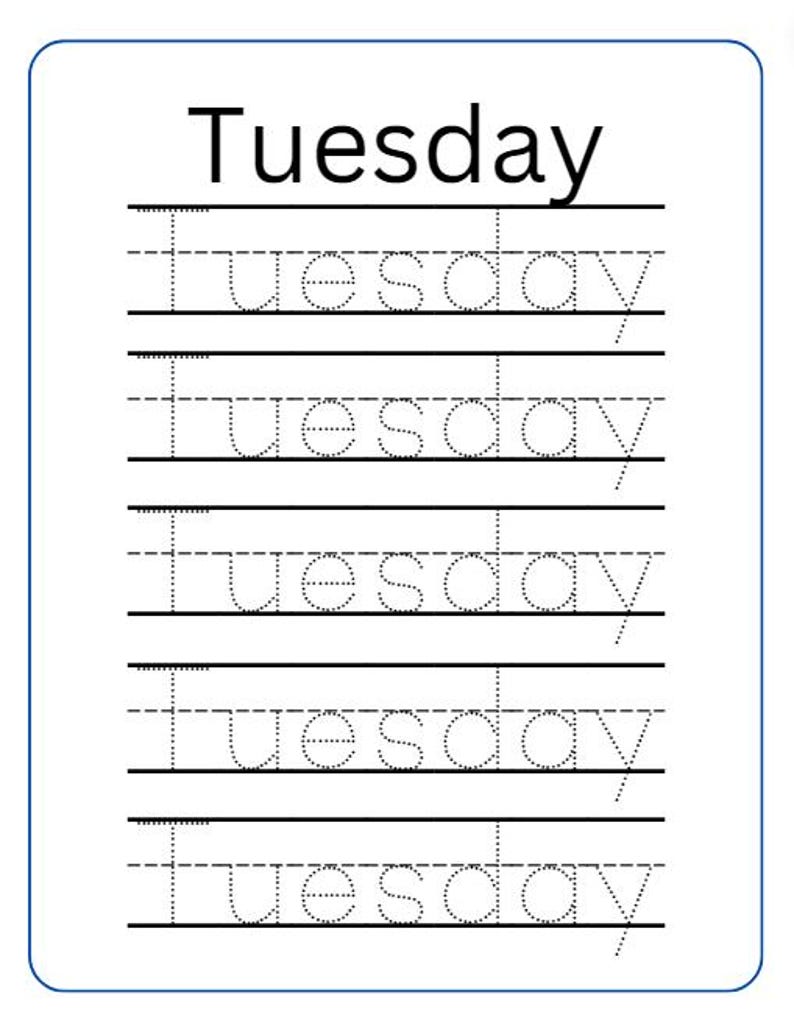 Days of the Week Printable Tracing Worksheet Handwriting Practice Kids ...
