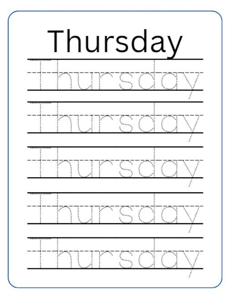 Days of the Week Printable Tracing Worksheet Handwriting Practice Kids ...