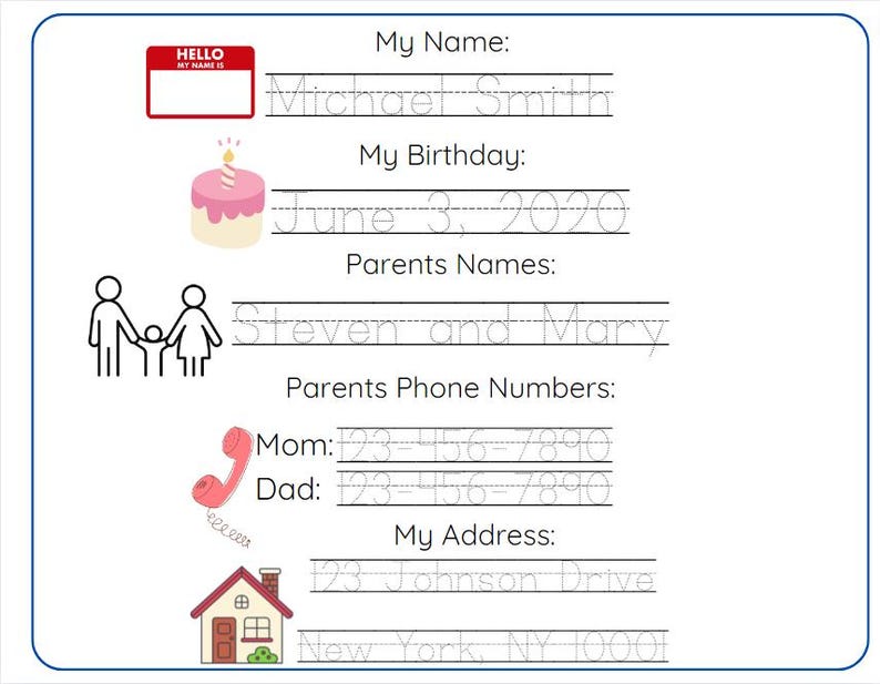 Editable Tracing Page for Kids | Name, Address, Parents' Names ...