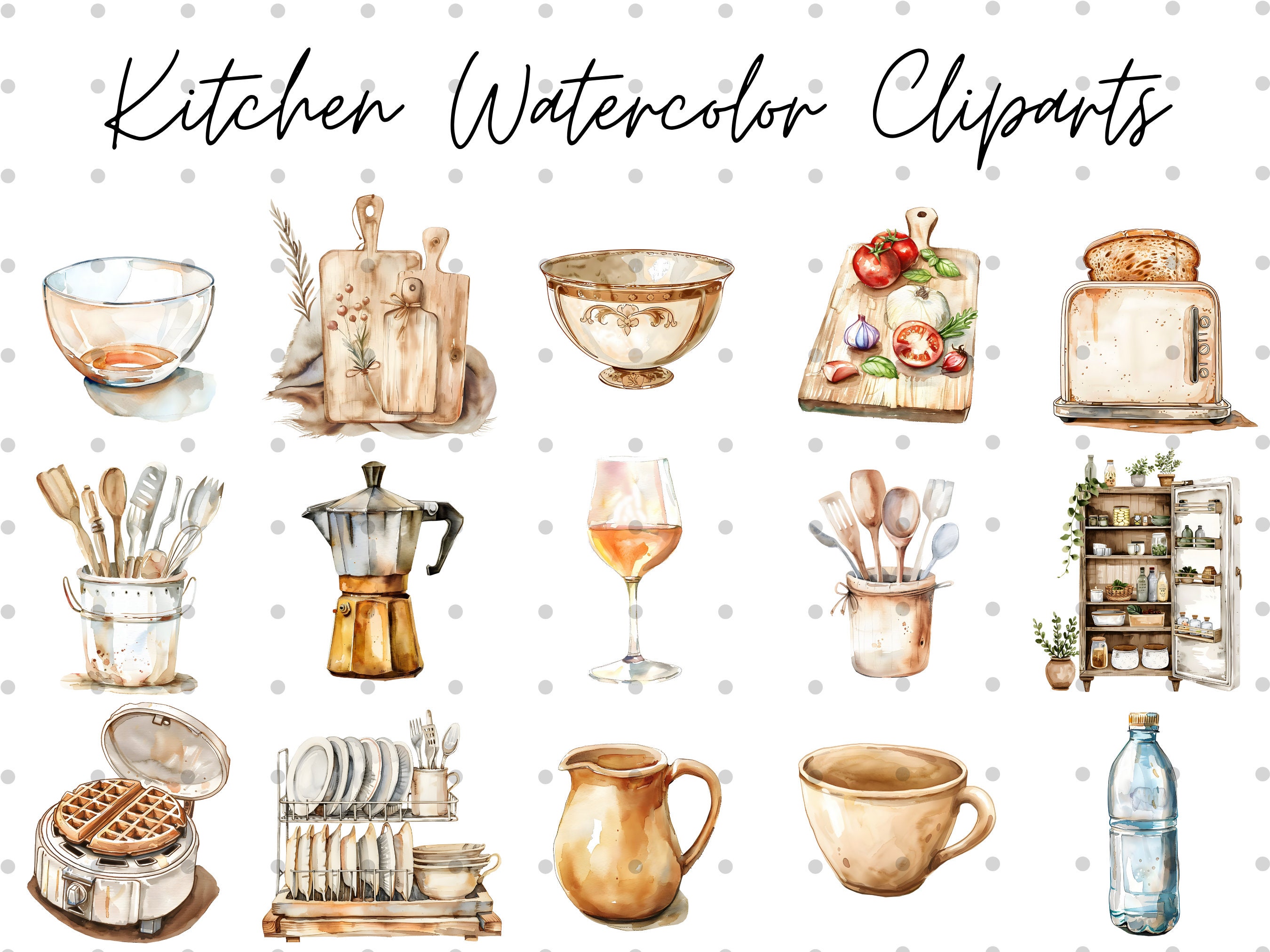 Watercolor Kitchenware Clipart, Kitchen Tool Clip Art, Rolling Pin ...