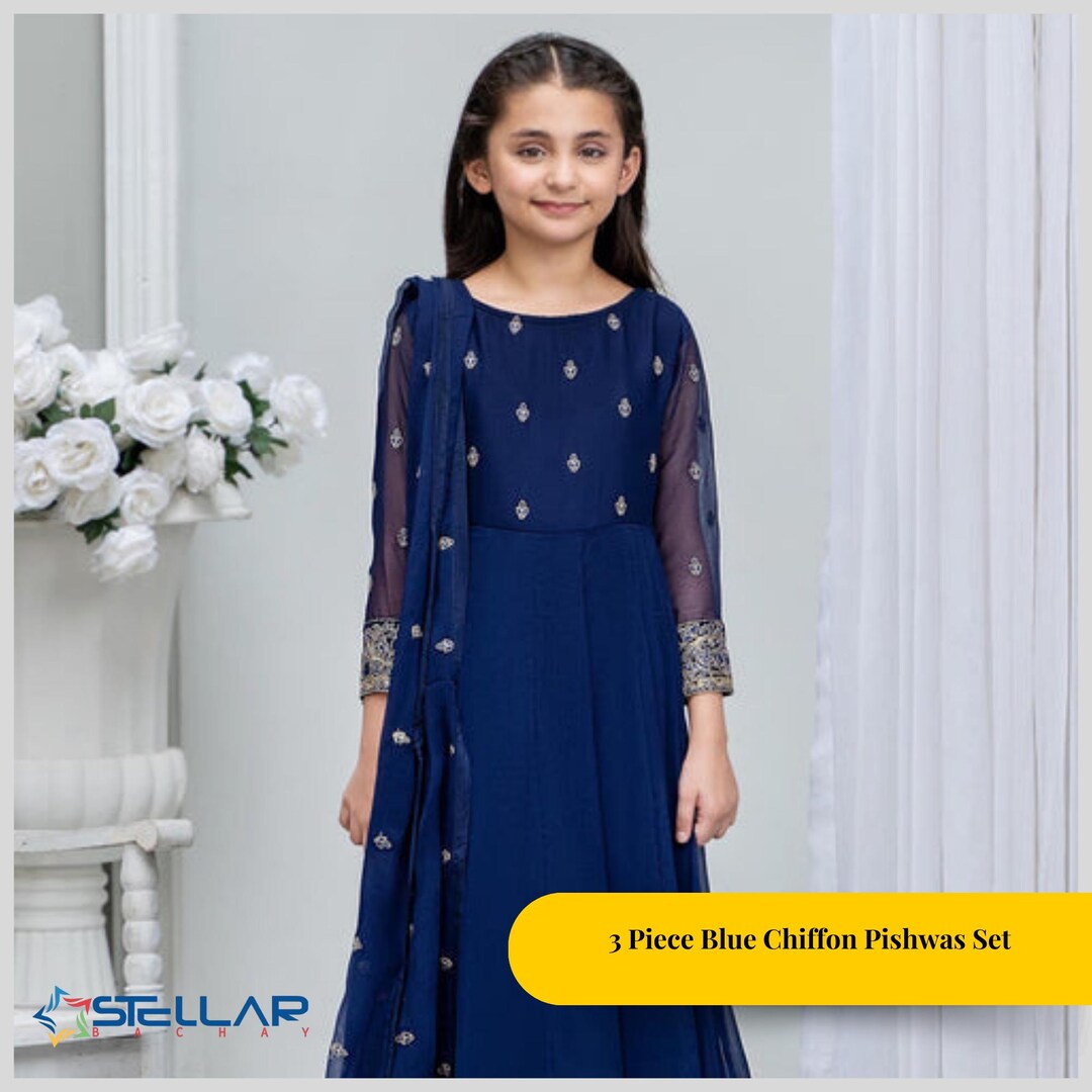 Beautiful 3 Piece Suit 3 Piece Blue Chiffon Pishwas Set Indian Dress ...