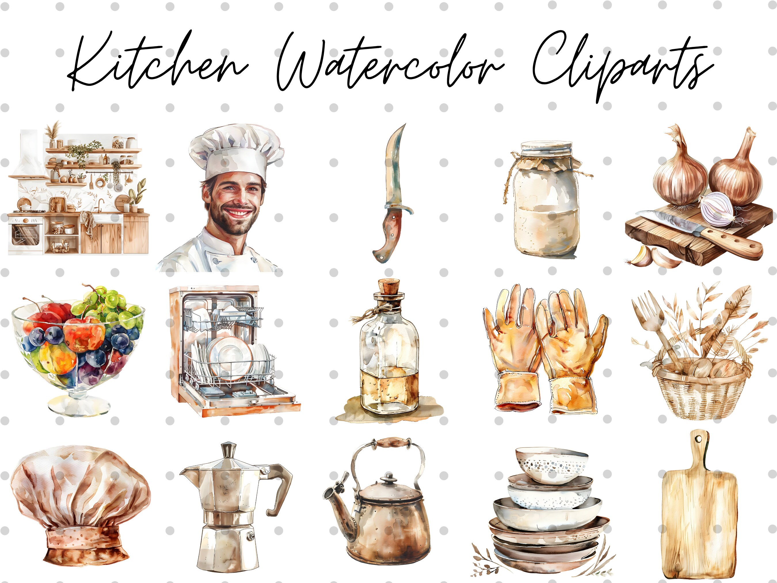 Watercolor Kitchenware Clipart, Kitchen Tool Clip Art, Rolling Pin ...