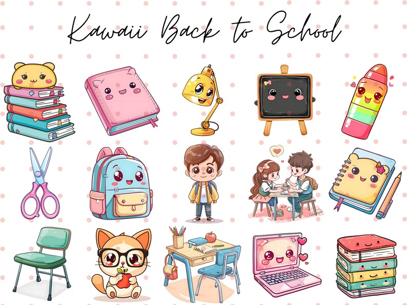 Kawaii Back to School Clipart, Back to School Clipart, Back to School ...