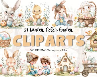 Watercolor Easter Clipart Bundle, Cute Watercolor Bunny Clipart, Easter ...