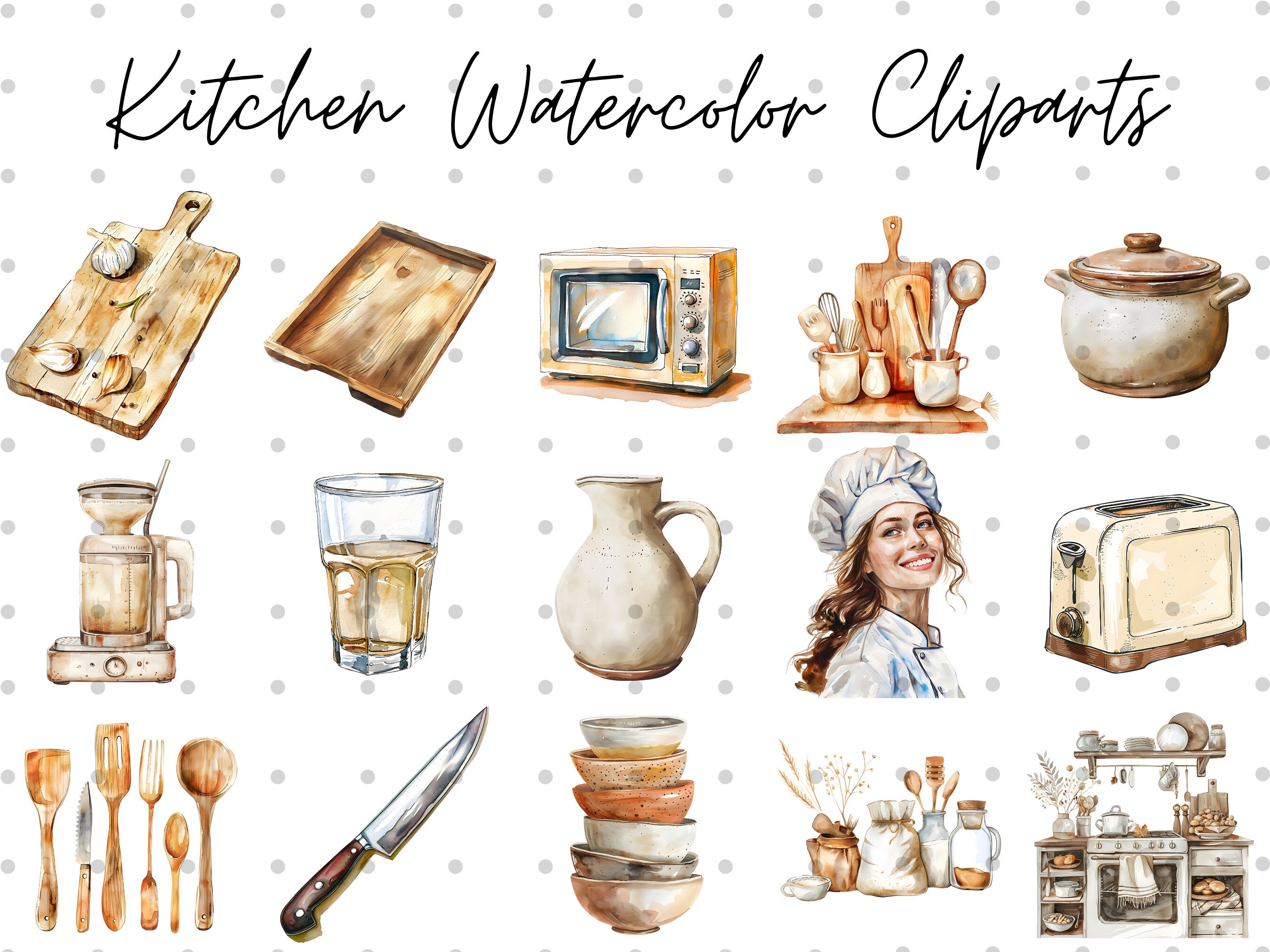 Watercolor Kitchenware Clipart, Kitchen Tool Clip Art, Rolling Pin ...