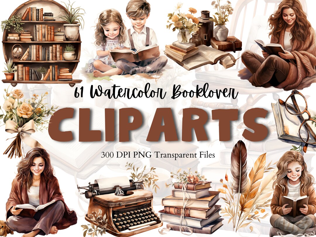 Watercolor Book Lover Clipart, Bookworm Clipart, Books Clipart, Reading ...