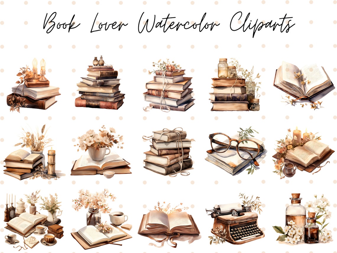 Watercolor Book Lover Clipart, Bookworm Clipart, Books Clipart, Reading ...