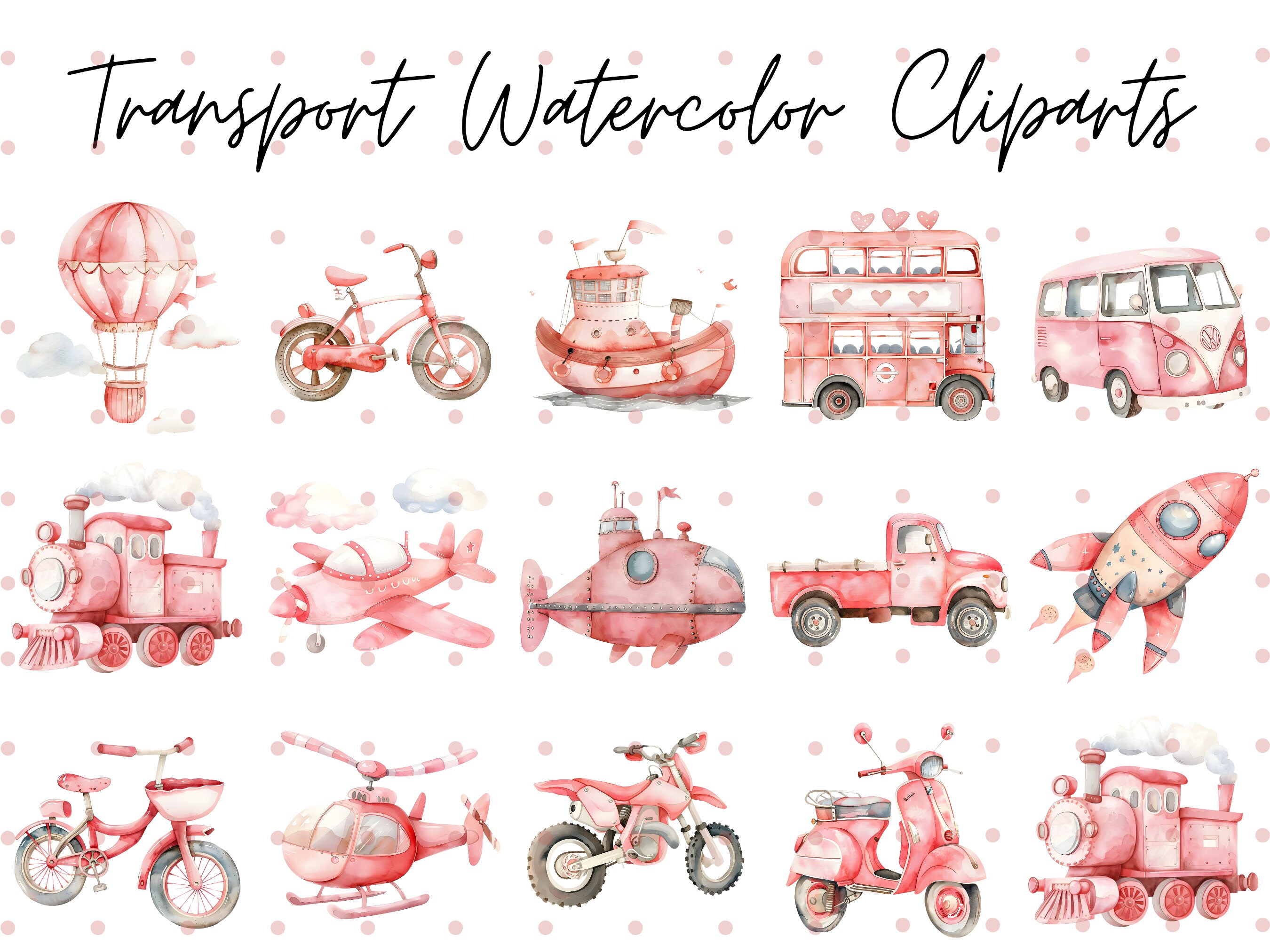 Pink Transport Clipart, Watercolor Transport Clipart Set, Vehicle ...