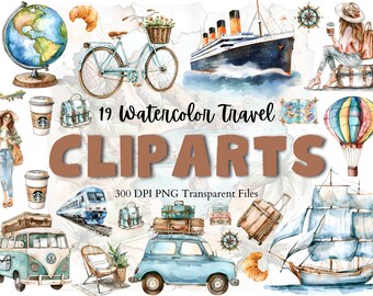 Watercolor Travel Clipart, Vacation Holiday 45 PNG, Suitcase, Plane ...