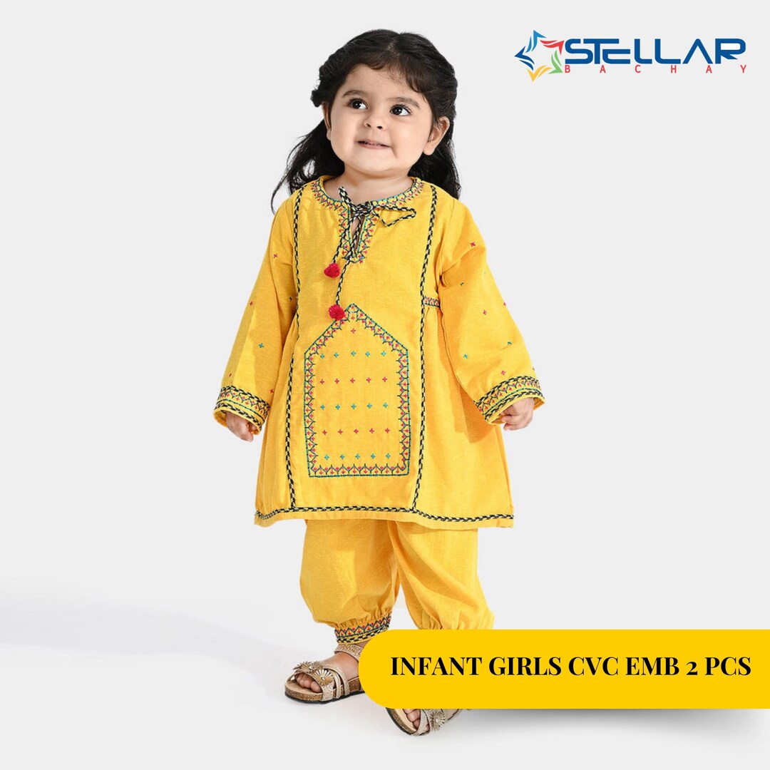 2 Piece Cvc Yellow Embroidery Set, Infant Girls Cvc Emb 2pcs Balochi ...