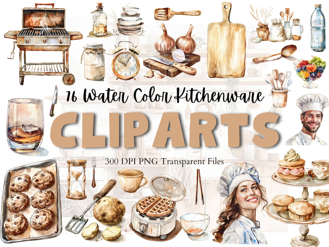Watercolor Kitchenware Clipart, Kitchen Tool Clip Art, Rolling Pin ...
