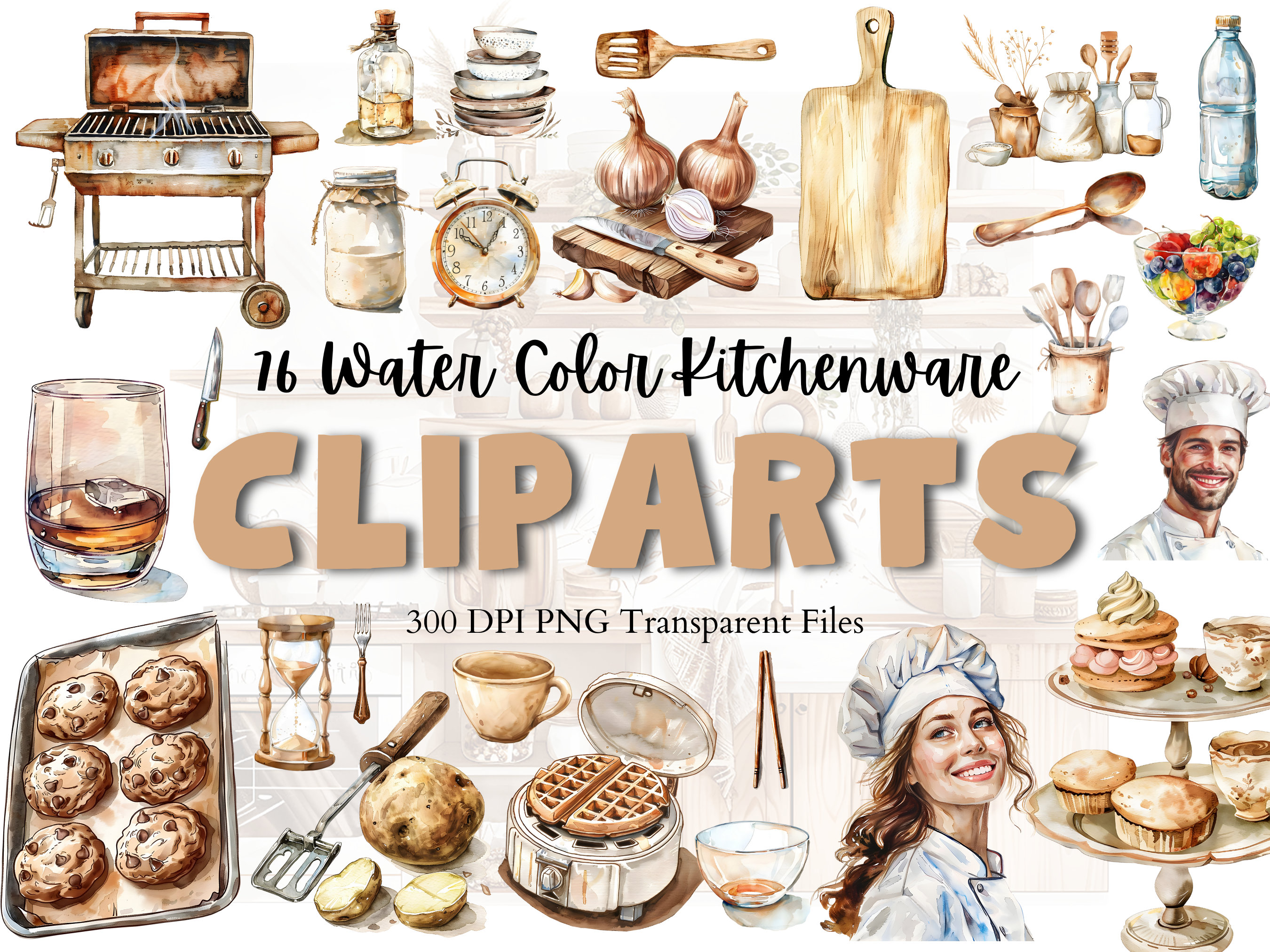 Watercolor Kitchenware Clipart, Kitchen Tool Clip Art, Rolling Pin ...