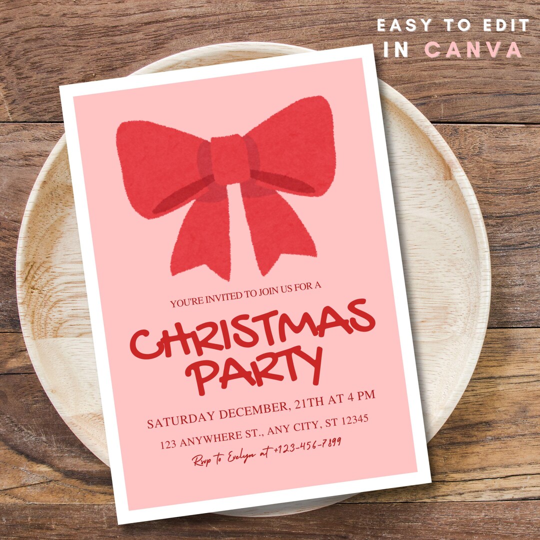Red Bow Christmas Party Invitation, Editable Holiday Party Invite ...